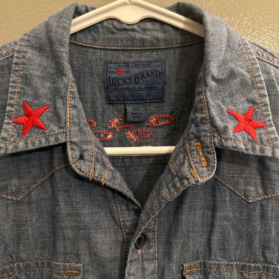 Lucky Brand Western Chambray Shirt Embroidered Palm Tree Cali XS Boho ...