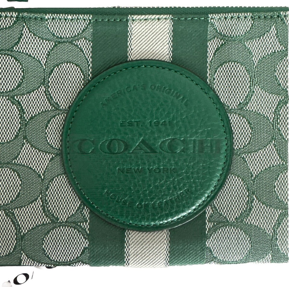 COACH Dempsey Large Corner Zip Wristlet In Signature Jacquard Green ...
