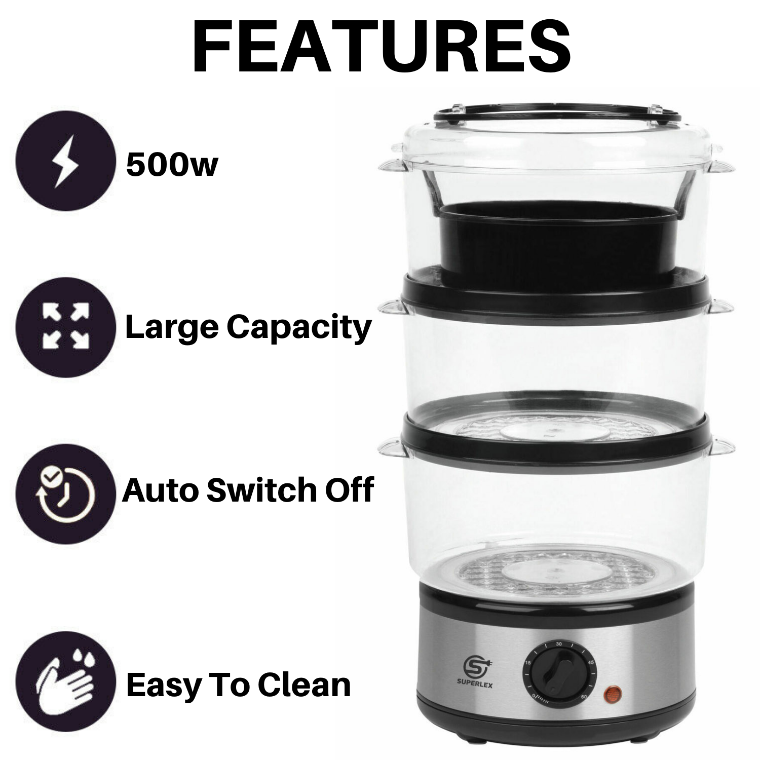 Superlex 7.5L Food Vegetable Meat Steamer 3-Tier Electric Cooker With ...