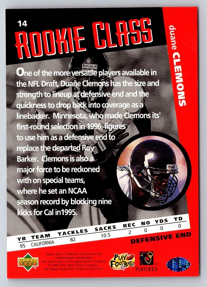 # 14 Duane Clemons Rookie Minnesota Vikings 1996 Collector's Choice | eBay