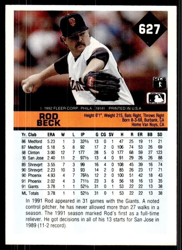 1992 Fleer Baseball Card Rod Beck San Francisco Giants #627 | eBay