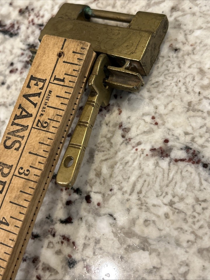 Antique 3” by 2” Brass Engraved Chinese Lock & Key, Early 20th Century ...