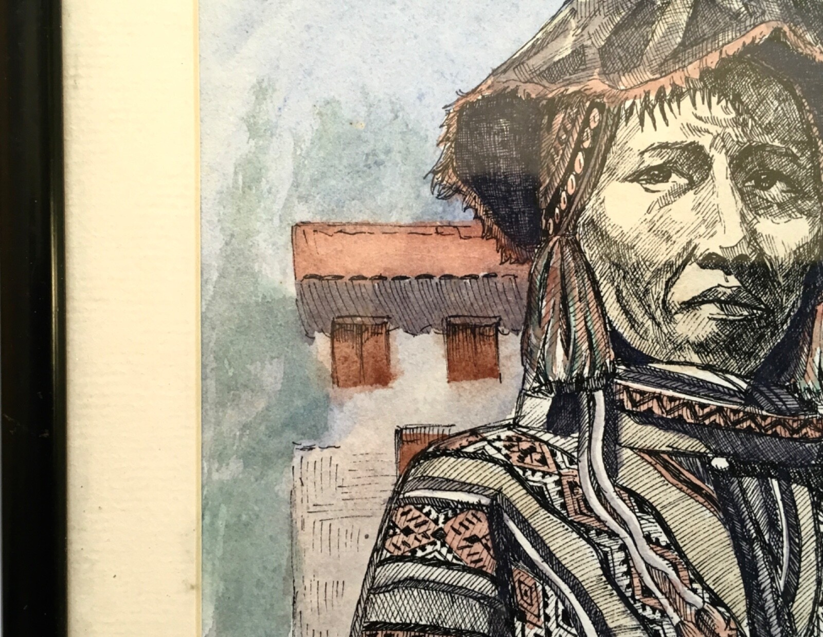 Vintage Original Portrait Painting Ink Drawing Andes Woman Quechua ...