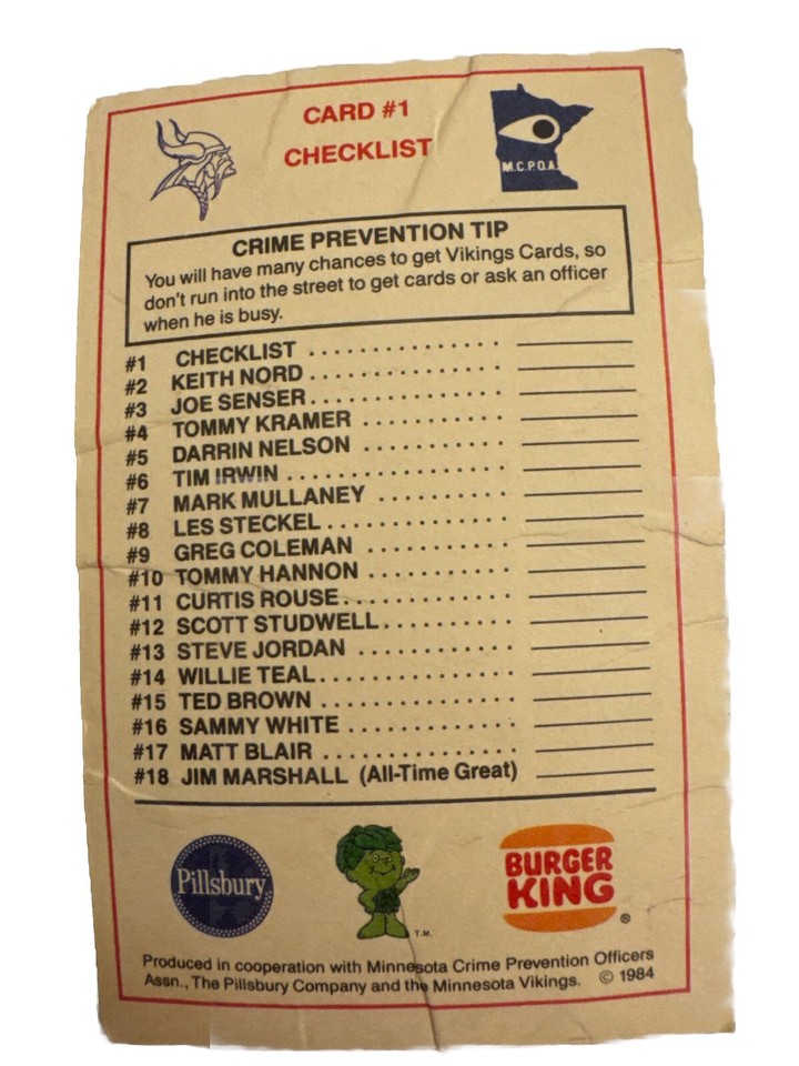 1983 MINNESOTA VIKINGS POLICE SET CRIME PREVENTION CHECKLIST CARD #1 | eBay