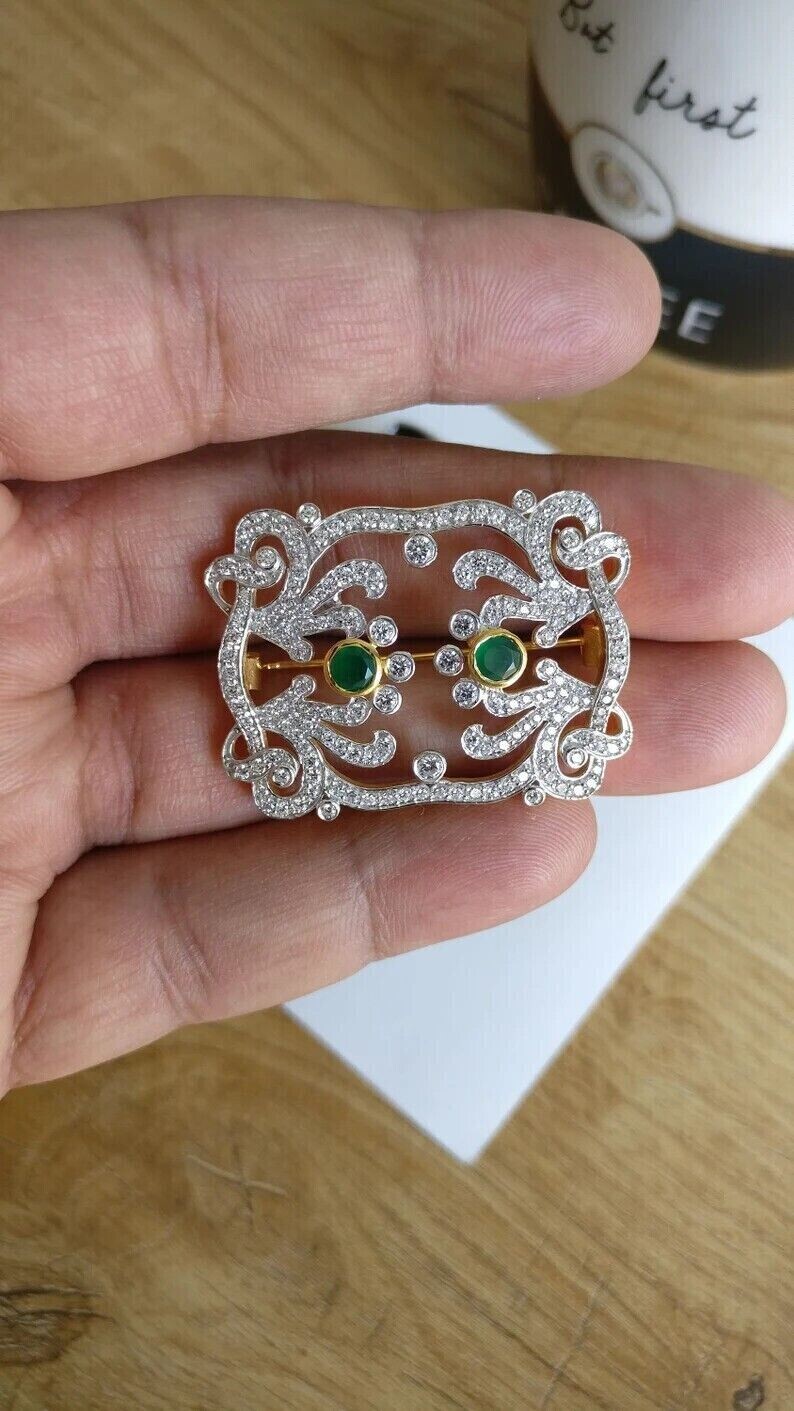 2Ct Round Lab Created Emerald/Diamond Brooch Charm 14k Yellow Gold ...