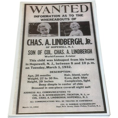 Chas Lindbergh, Hopewell New Jersey 1932 Wanted Kidnapped Poster 11 x ...