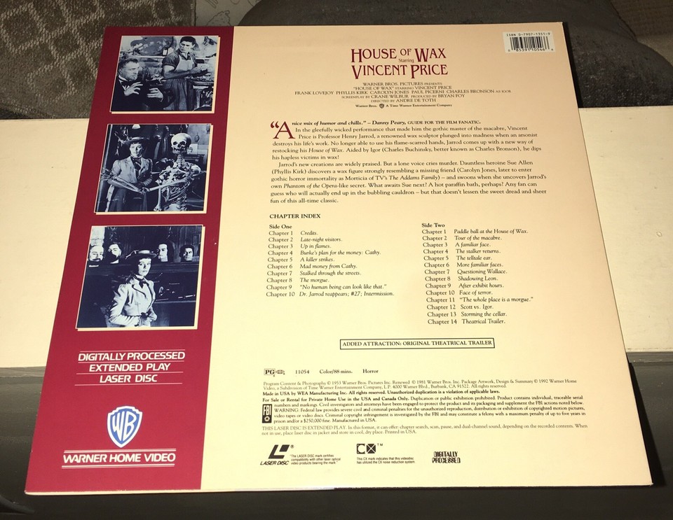 House of Wax (Laserdisc) VINCENT PRICE HORROR GREAT FILM WITH TRAILER ...