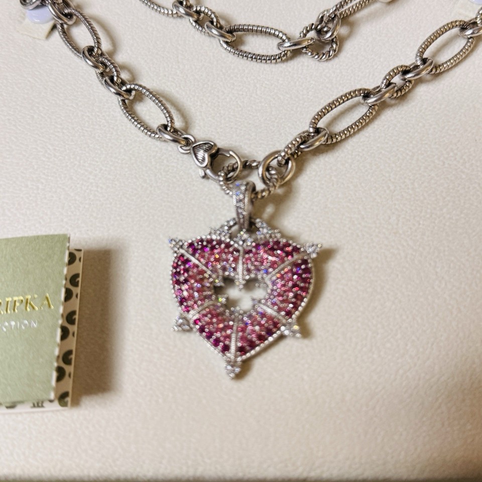 JUDITH RIPKA Sterling Silver Pink Heart Pendant 18" oval lnk chain ...
