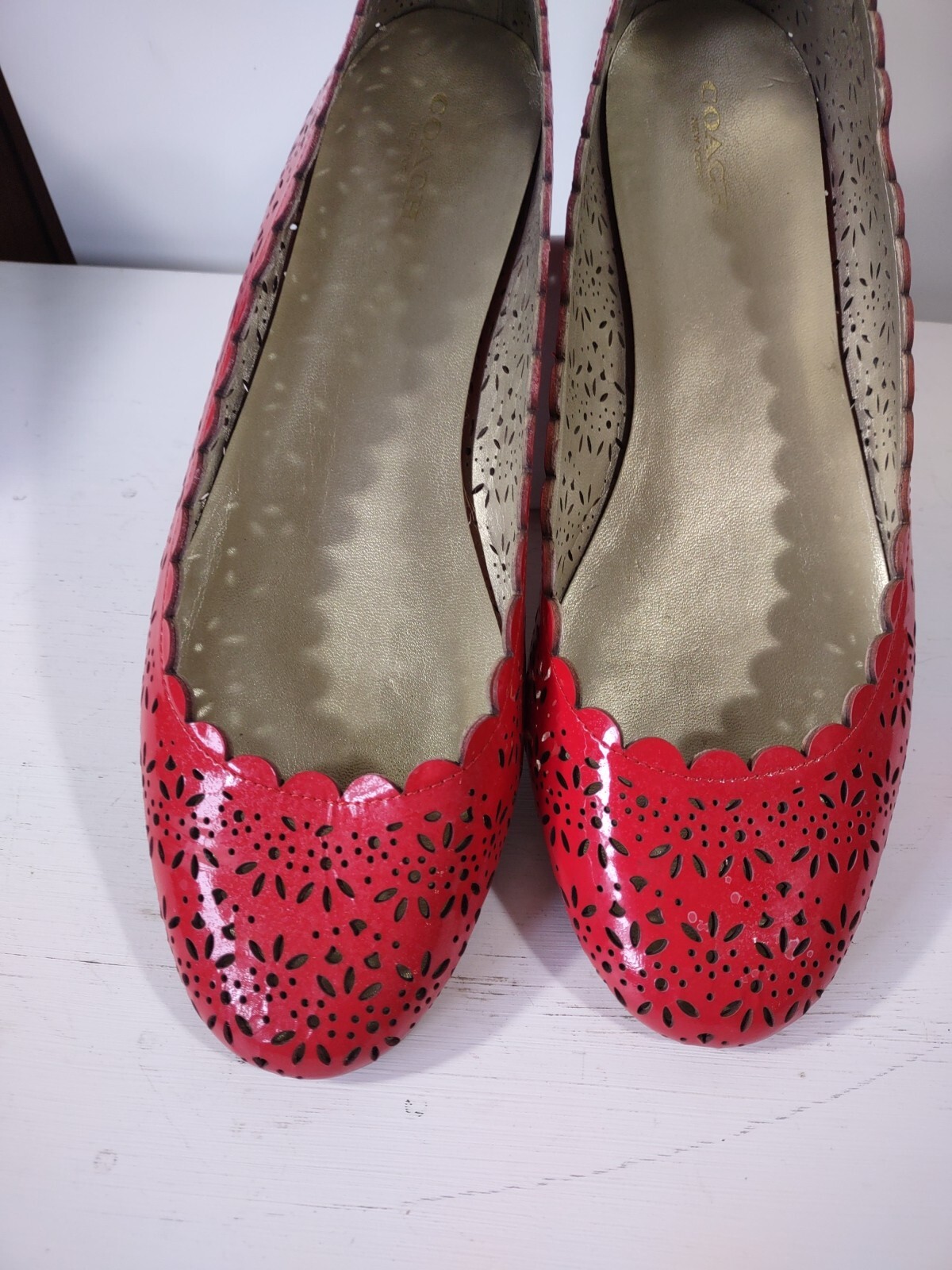 Coach CARSIN Laser Cut Red Patent Leather Flats, Rubb… - Gem