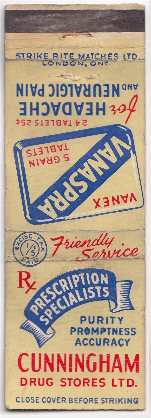 Canada Revenue 1/5¢ Excise Tax Matchbook "CUNNINGHAM DRUG STORES LTD ...