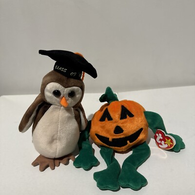 1998 RARE and RETIRED Ty Wise the Owl Beanie Baby And Pumpkin Beanie ...