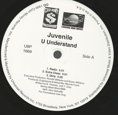 VINYL 12" JUVENILE PROMO - U UNDERSTAND ( RADIO - EXTRA CLEAN - DIRTY ...