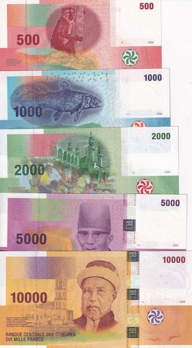 Comoros Set 5 UNC 500 1000 2000 5000 10000 Francs 2006/2020 P 15 16 17 ...
