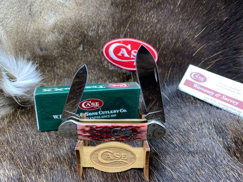 Case Silver Script Canoe Knife Scrolled Cranberry Bone Mint Set SN# 23 ...