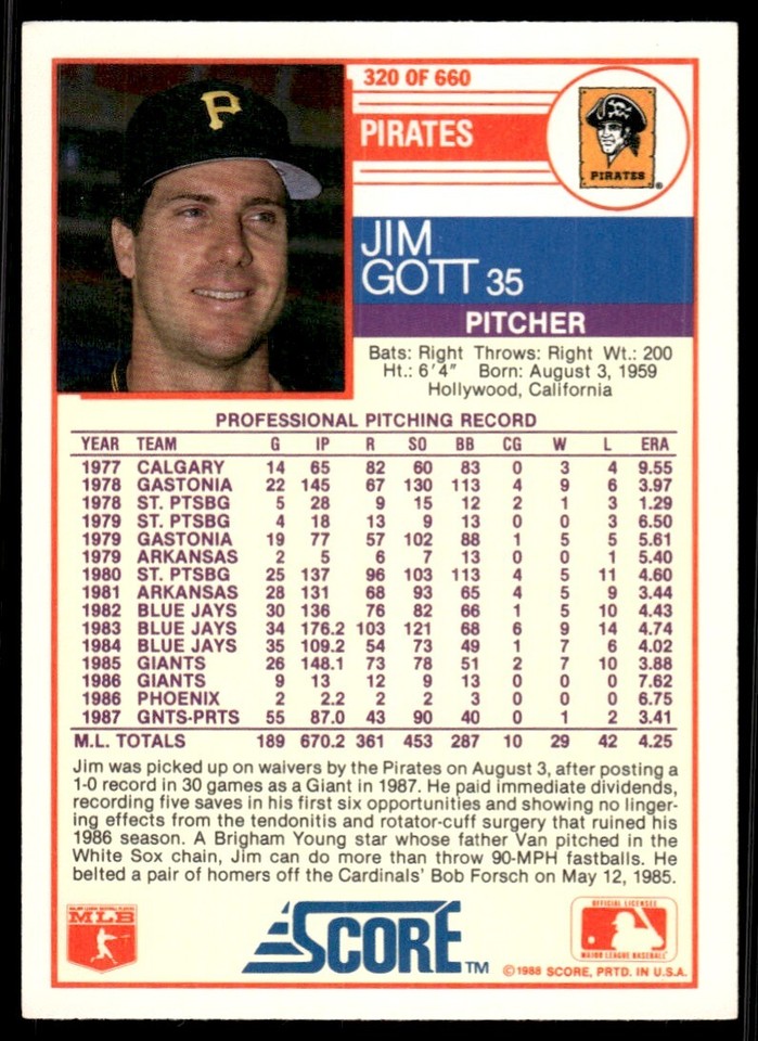 1988 Score Baseball Card Jim Gott Pittsburgh Pirates #320 | eBay