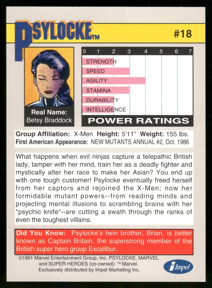 Psylocke EX 18a 1991 Impel Marvel Universe II Marvel Card | eBay