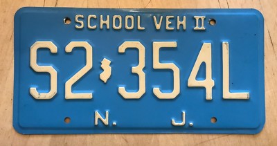 NEW JERSEY SCHOOL VEHICLE 2 " S2 354 L " LICENSE PLATE BUFF/ BLUE BUS ...