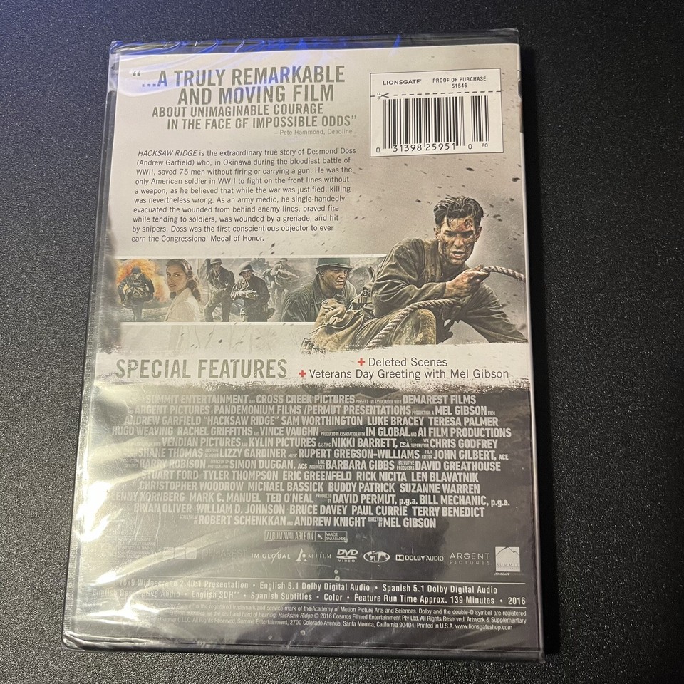 Hacksaw Ridge (DVD 2016) Vince Vaughn, Rachel Griffiths, Hugo Weaving ...