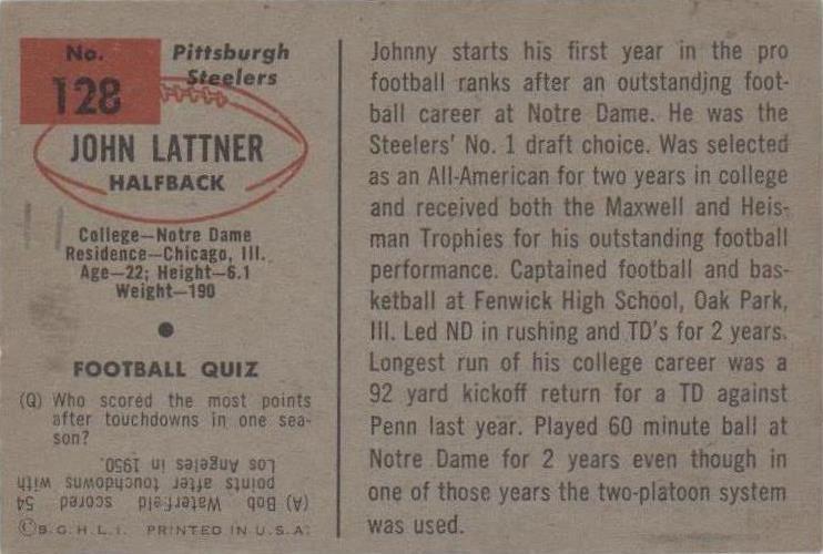 1954 Bowman Johnny Lattner #128 for sale | eBay