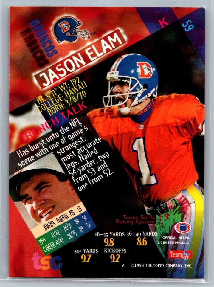 1994 TOPPS STADIUM CLUB CARD # 59 Jason Elam - Denver Broncos | eBay