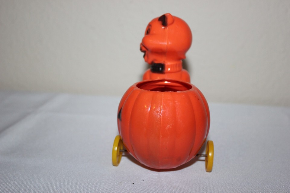 Vintage Rosbro Hard Plastic Halloween Cat Pushing Pumpkin candy ...