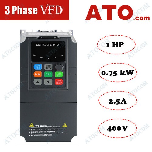 ATO 3 Phase VFD Variable Frequency Drive Converter 1HP 0.75kW 2.5A 400V ...