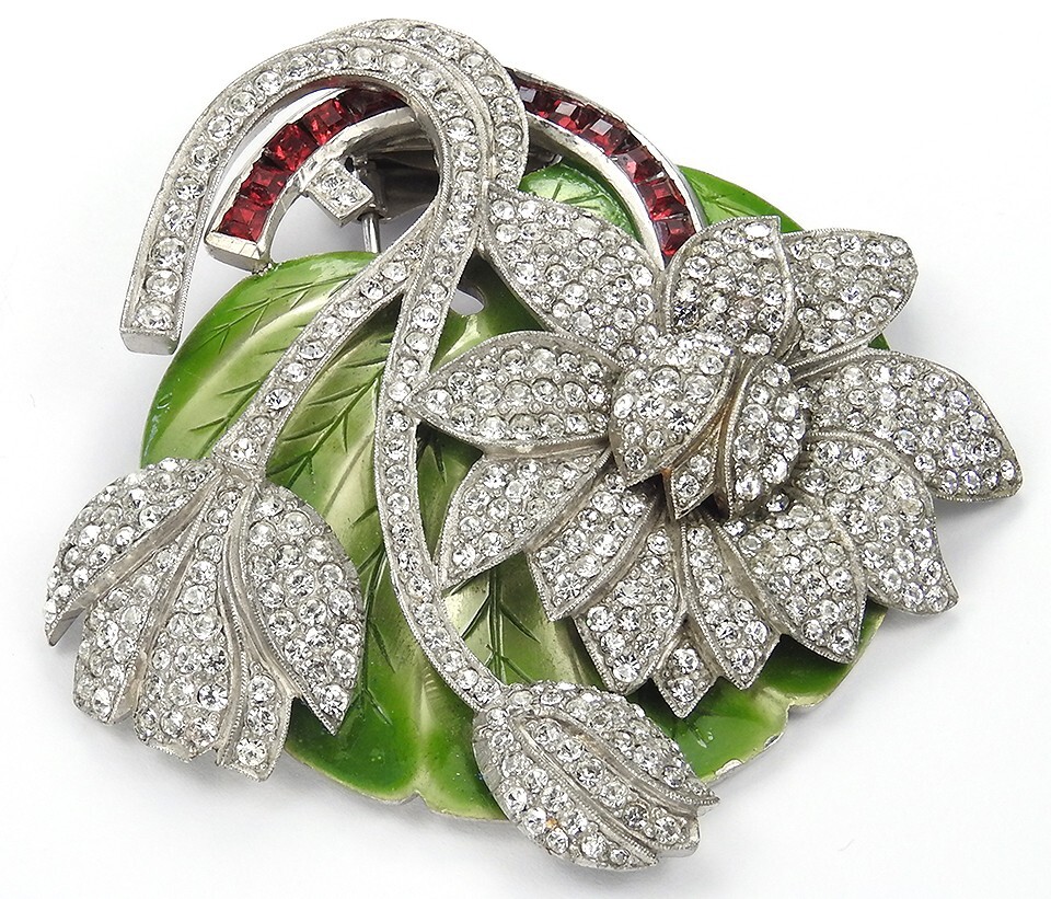 Dujay Pave Metallic Enamel Flowers Invisibly Set Ruby Stem Floral Spray ...