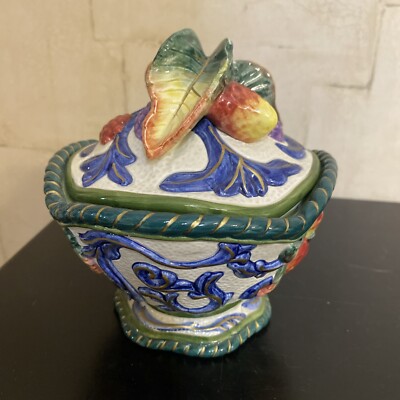 VINTAGE FITZ & FLOYD CANDY JAR WITH LID MULTI COLORED BERRIES FOOTED No ...