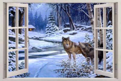 Wolves In Snow Window View Decal WALL STICKER Home Decor Art Mural ...