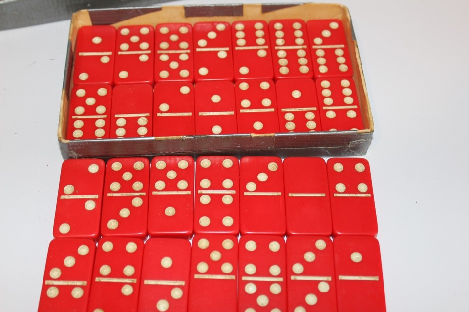 Vintage Red Dominoes Double Six Set 28 Tiles Game Pieces | eBay