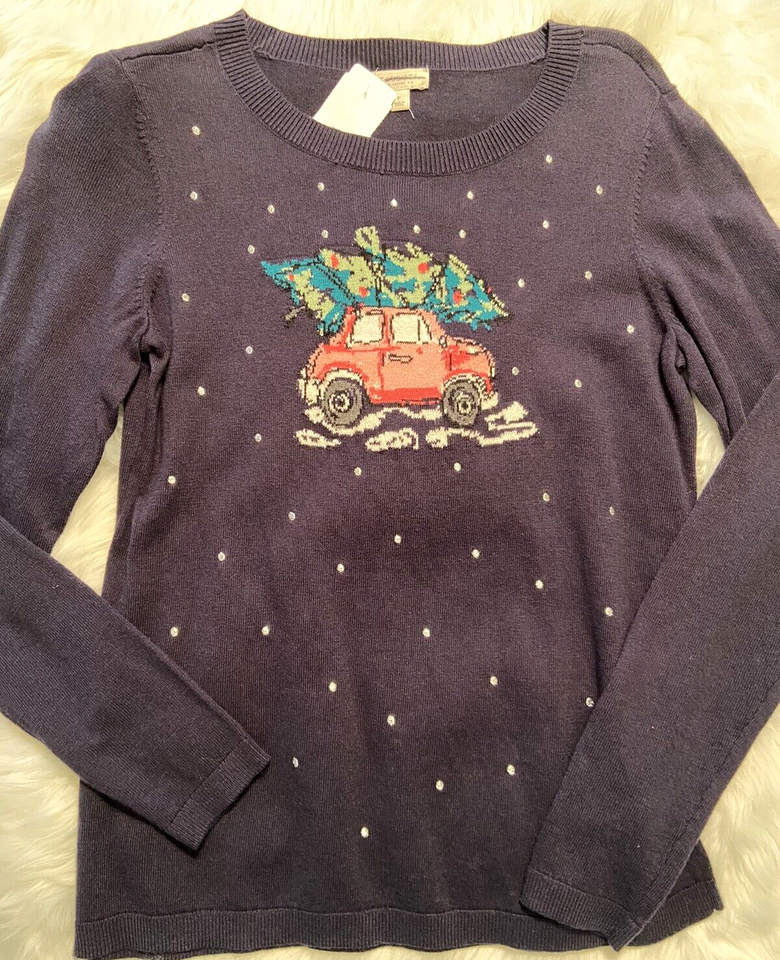 NWT TALBOTS Xmas Tree on Car Christmas Sweater Petite Navy Blue NEW | eBay