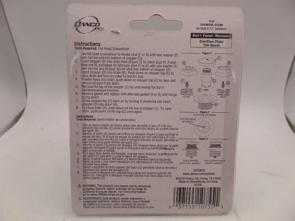 DANCO 10755 1.165"X2.23" PLASTIC TOE-TOUCH BATHTUB DRAIN STOPPER ...