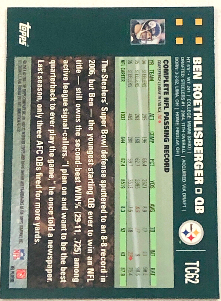 Ben Roethlisberger 2007 Topps Chrome Football NM-MT Card #TC62 | eBay