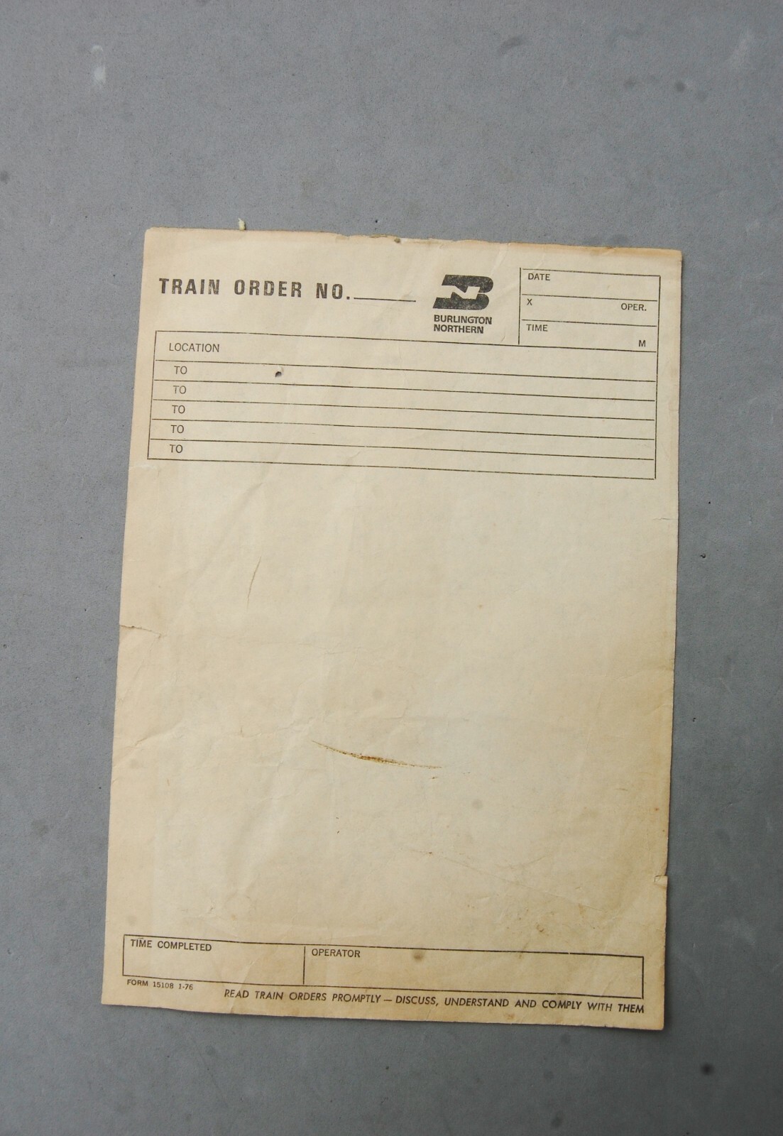 Burlington Northern Railroad Form 15108 1-76 Train Order Blank Work ...
