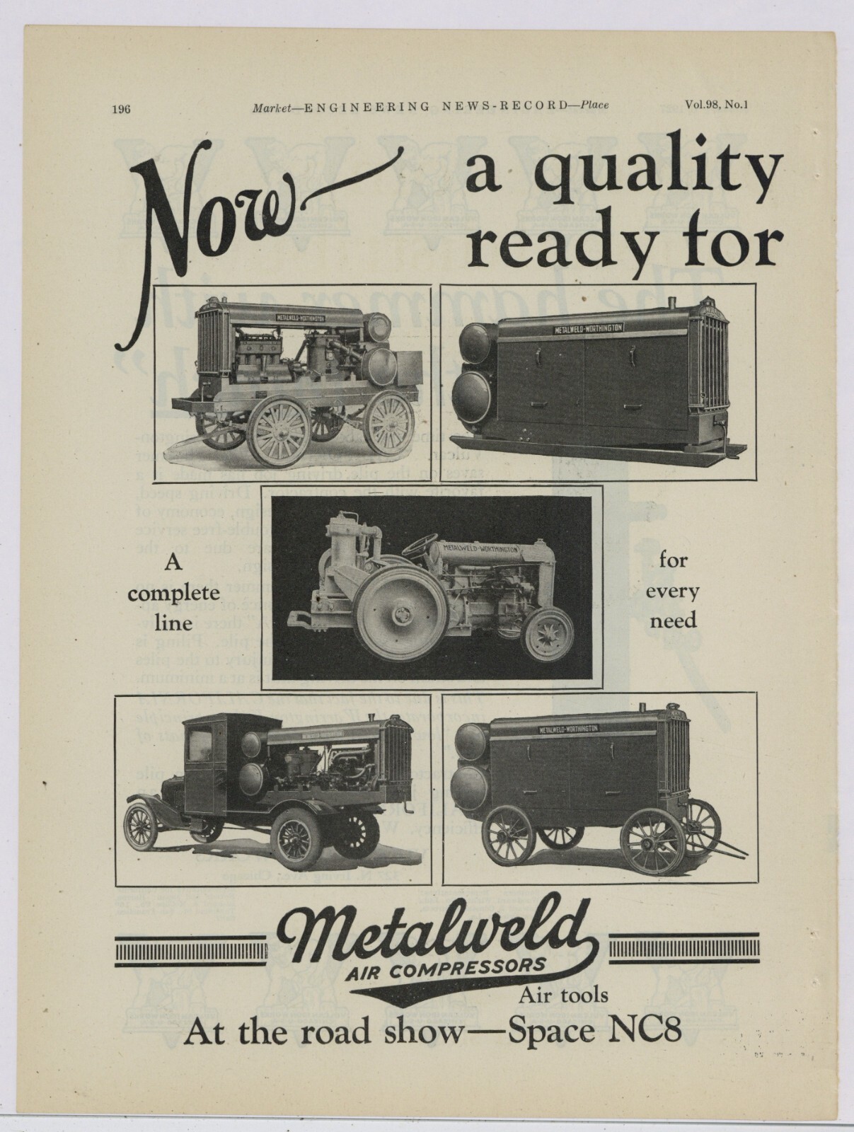 1927 Metalweld Air Compressors Ad: Complete Line for Every Need - Road ...