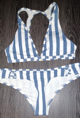 VS/Eidon 2 pc swimsuit dusty blue striped New medium bottom & small top ...