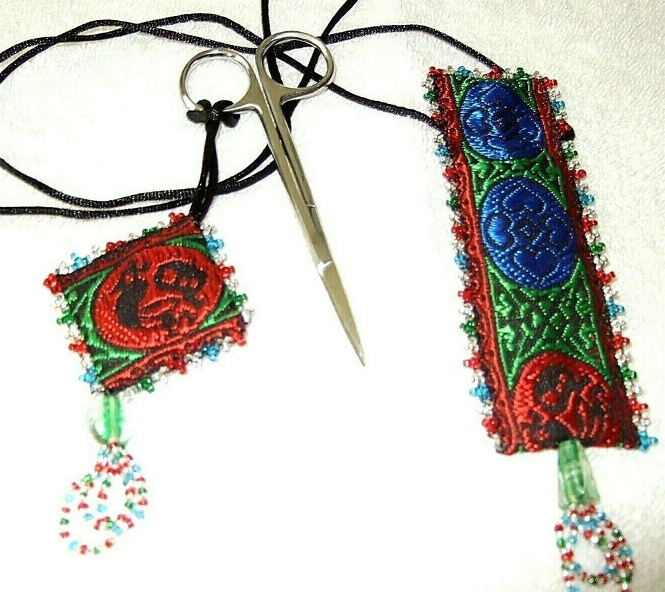 Celtic Blue Black & Red Beaded Ribbon Scissor Case & Pincushion W ...