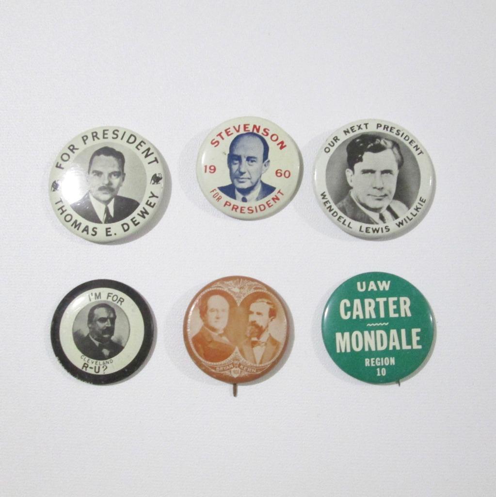 Vintage Political Button Lot 6 Pins Dewey Willkie Cleveland Stevenson ...