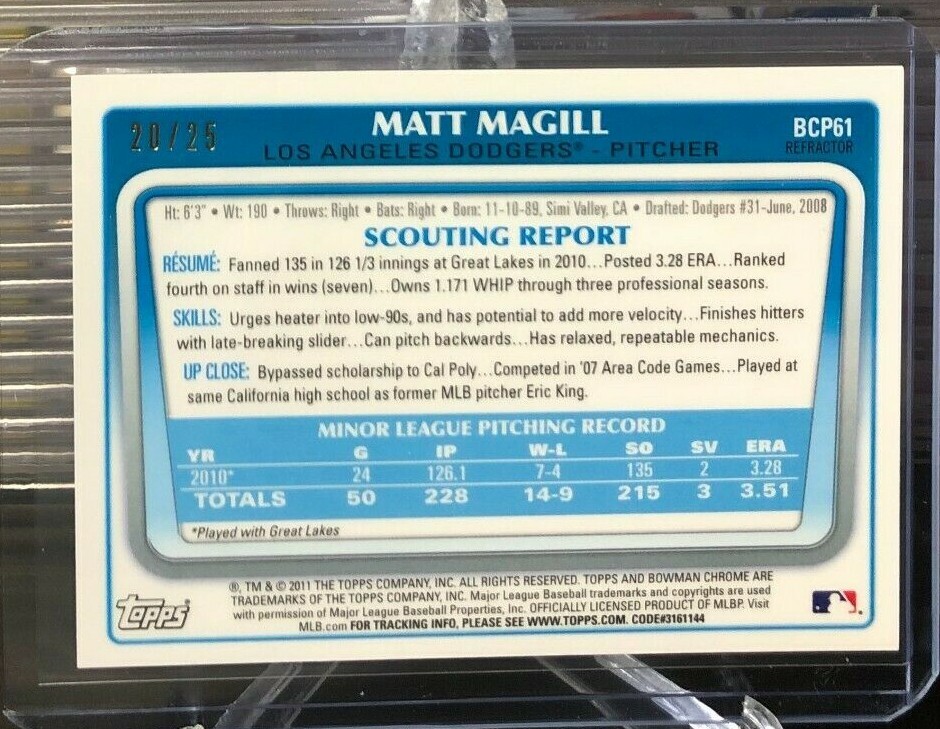 2011 Bowman Chrome MATT MAGILL ORANGE REFRACTOR RC 1ST #20/25 Mariners ...