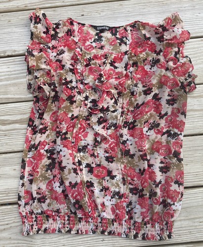 EXPRESS Women L Black Pink Floral Roses Ruffle Sleeveless Layered Top ...