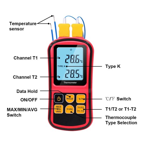 Thermocouple Temperature Meter with 2 K Type Probes for Precise ...