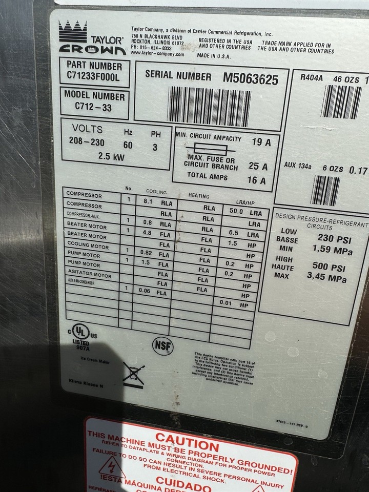 Taylor Soft Serve Machine C712 Air Cooled 208v 3 phase 2 Flavors ...