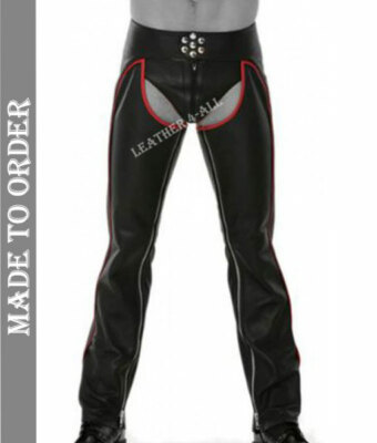 Men's Real Leather Chaps Bikers Chaps With Red piping & Codpiece ...