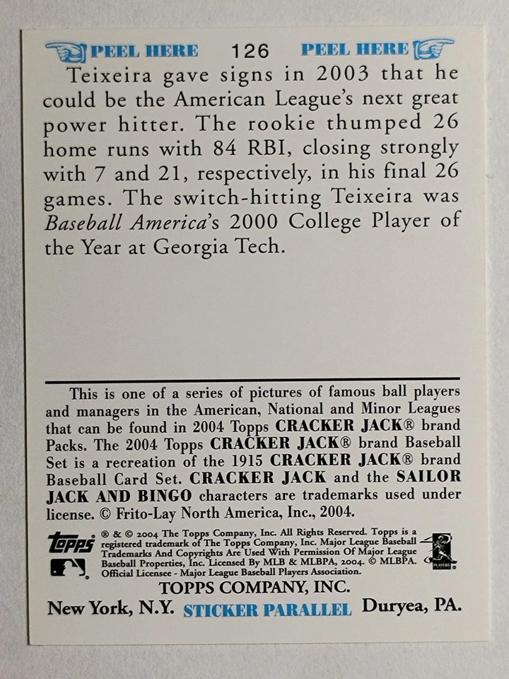 2004 Topps Cracker Jack Mini Stickers #126 Mark Teixeira SP | eBay