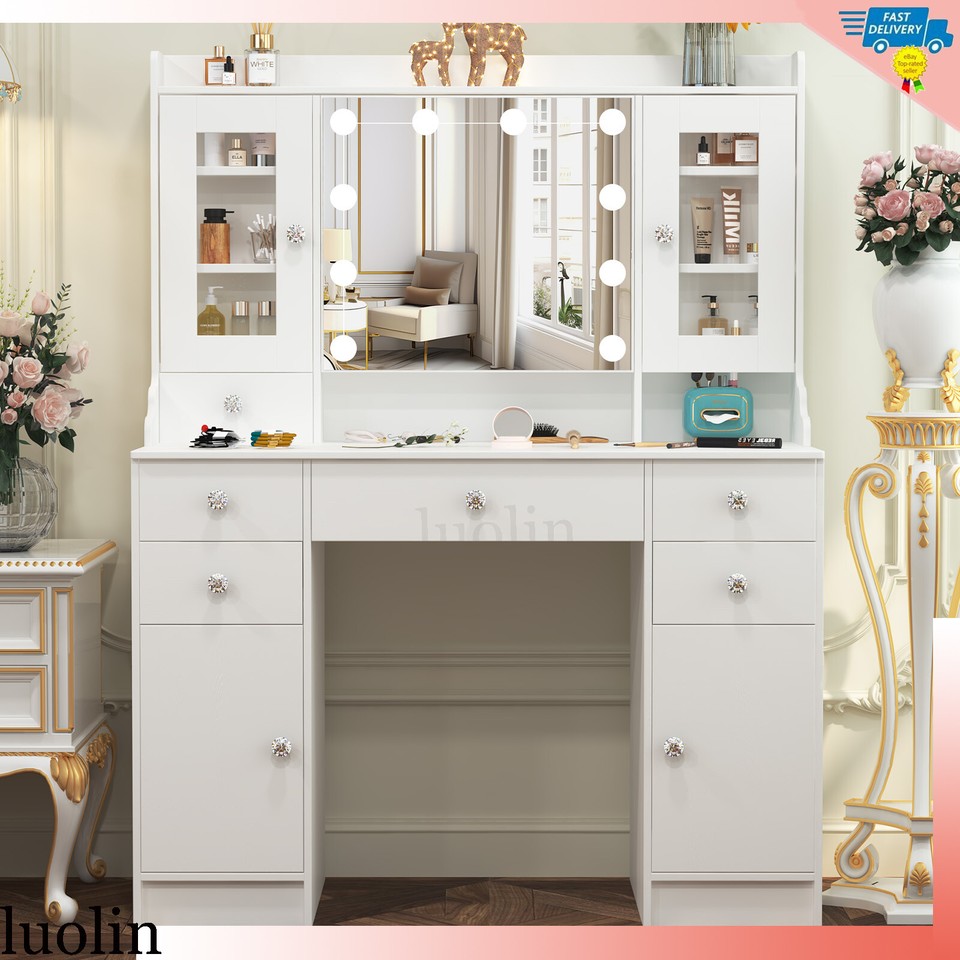 Vanity Table Dressing Desk Makeup with Openable Mirror 5 Drawers & 4 ...