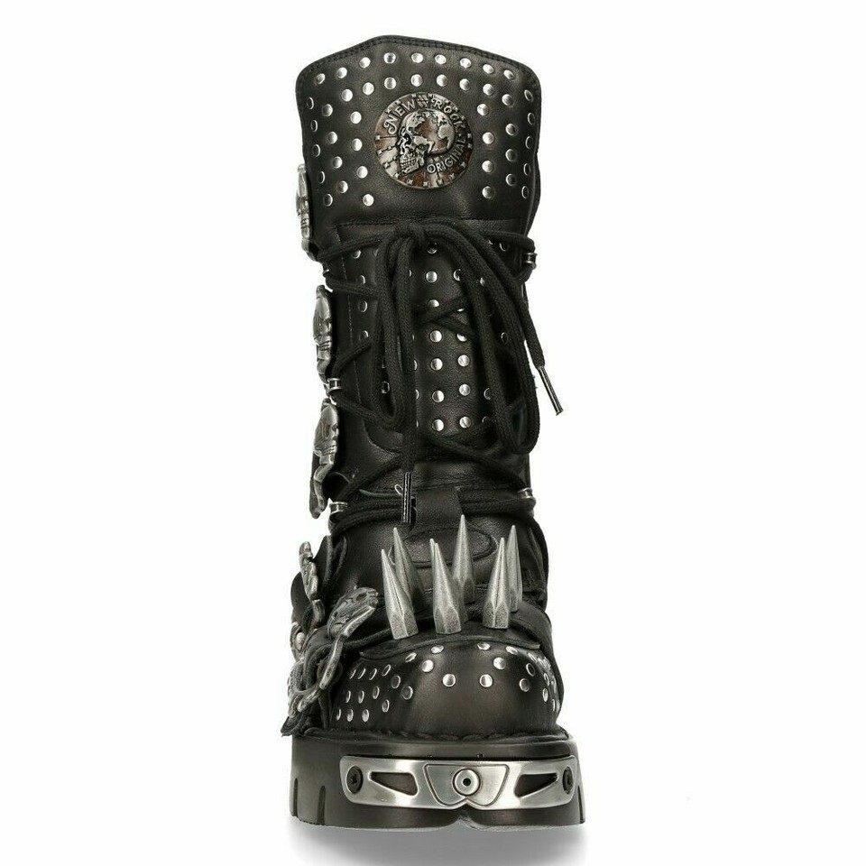 New Rock Boots 1535-S1 Unisex Metallic Black Leather Goth Studded Spike ...
