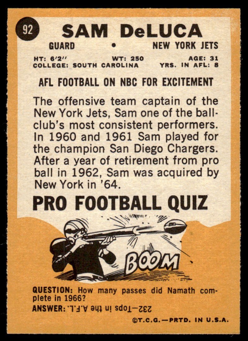 1967 Topps Sam DeLuca New York Jets #92 | eBay