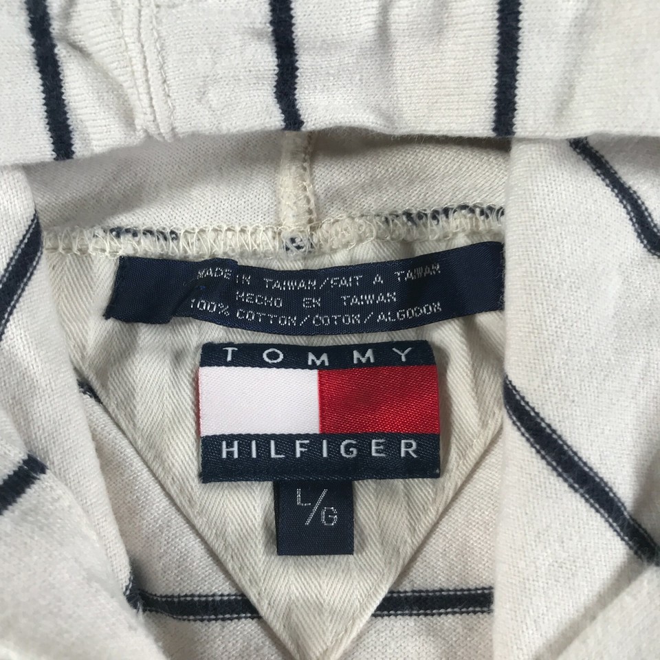 Vintage Tommy Hilfiger Hoodie Mens Large Ivory Blue Striped Maritime ...