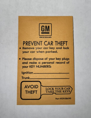 NEW 1969-1976 GM Key Envelope Prevent Car Theft Corvette Camaro ...