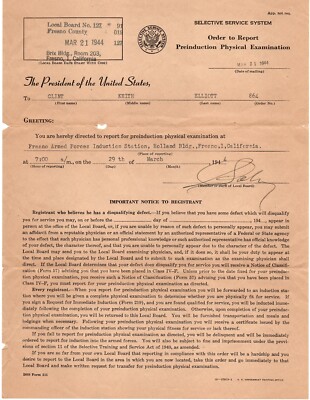 1944 WWII Order To Report Preinduction Physical Exam Notice Military ...